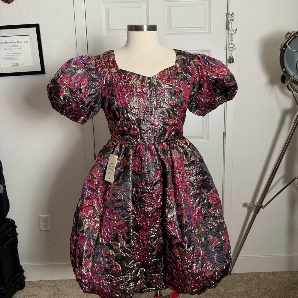 Jessakae Floral Puff Sleeve Midi Dress - Black And Pi… - Gem
